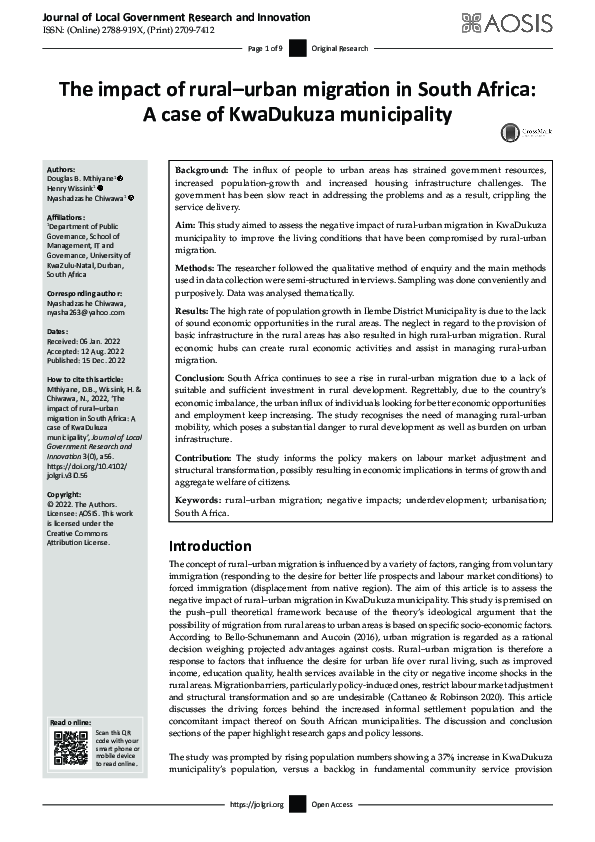 (PDF) The impact of rural–urban migration in South Africa: A case of ...