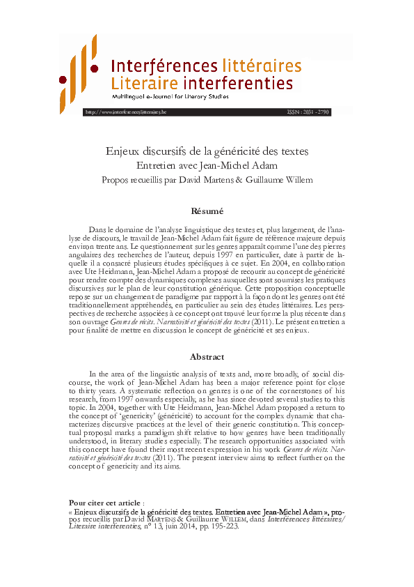 (PDF) Enjeux discursifs de la généricité des textes. Entretien avec ...