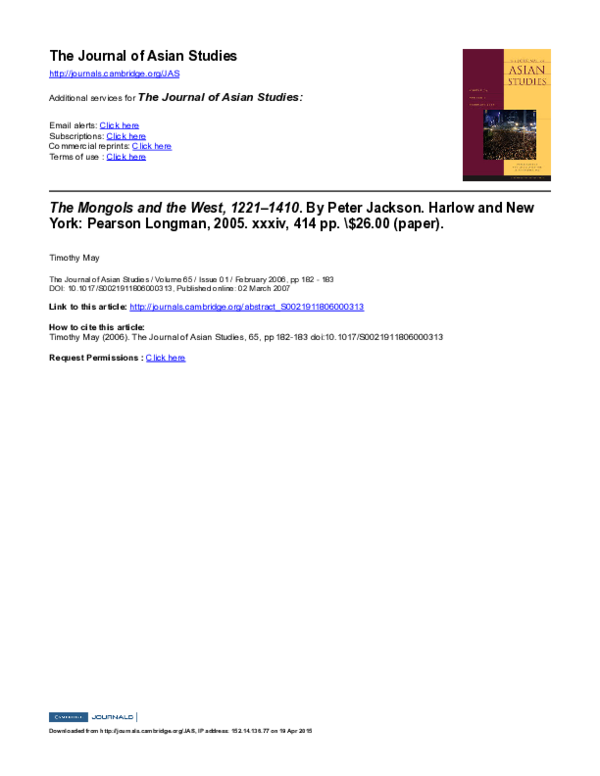 (PDF) The Mongols and the West, 1221–1410. By Peter Jackson. Harlow and ...