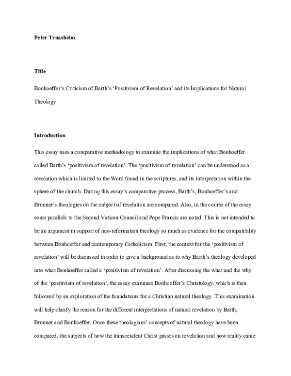 (DOC) Bonhoeffer’s Criticism of Barth’s ‘Positivism of Revelation’ and ...