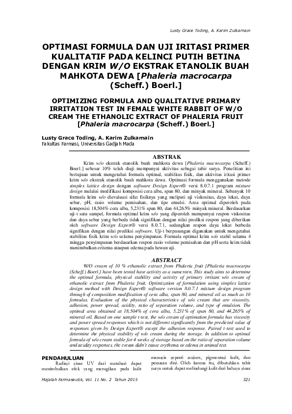 (PDF) OPTIMASI FORMULA DAN UJI IRITASI PRIMER KUALITATIF PADA KELINCI PUTIH BETINA DENGAN KRIM W ...