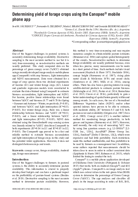 (PDF) Determining yield of forage crops using the Canopeo mobile phone app | Fernando Delbino ...