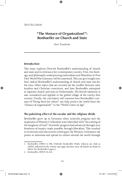 (PDF) "The Menace of Organization?": Bonhoeffer on Church and State