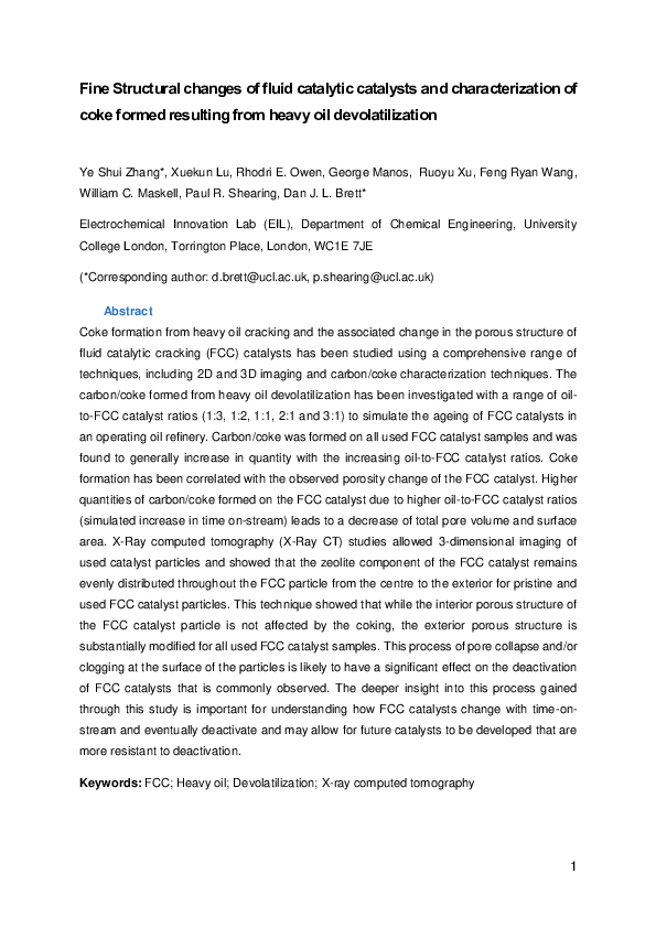 (PDF) Coke Formation and Structural Changes in FCC Catalysts