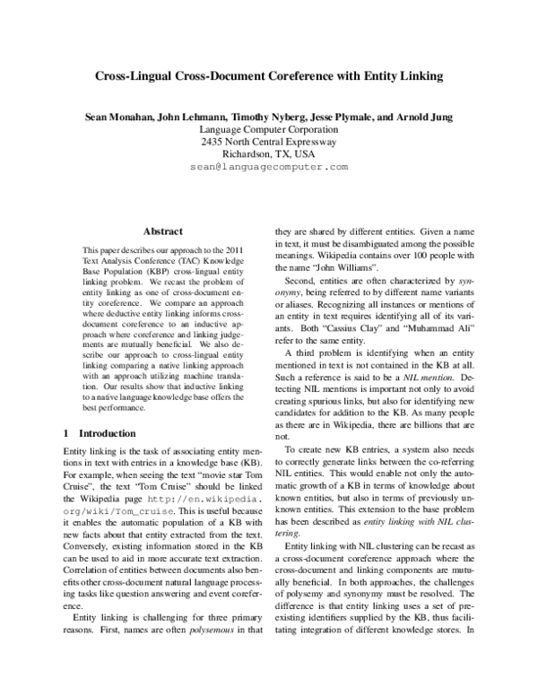 (PDF) Cross-Lingual Cross-Document Coreference with Entity Linking