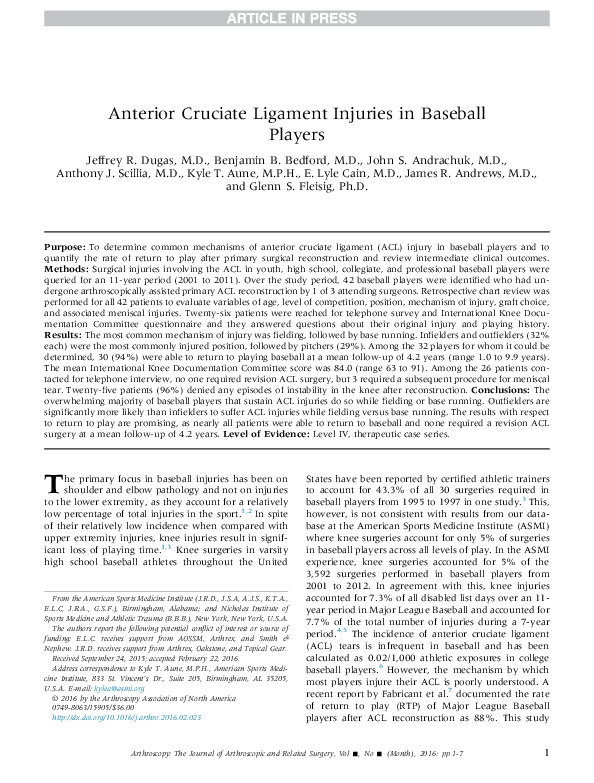 (PDF) Anterior Cruciate Ligament Injuries in Baseball Players