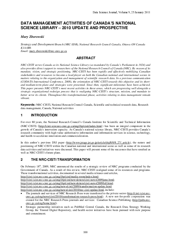 (PDF) Data Management Activities of Canada's National Science Library ...