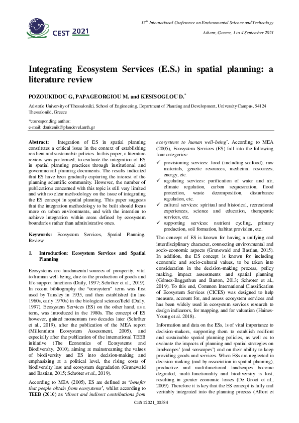 (PDF) Integrating Ecosystem Services (E.S.) in spatial planning: a literature review