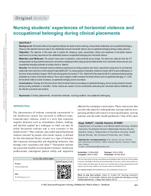 (PDF) Nursing students' experiences of horizontal violence and occupational belonging during ...