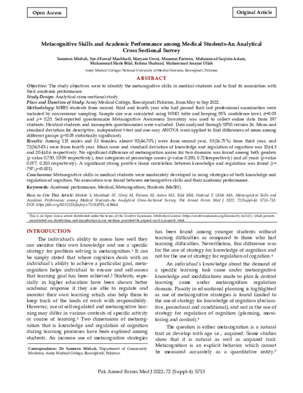 (PDF) Metacognitive Skills and Academic Performance among Medical Students-An Analytical Cross ...
