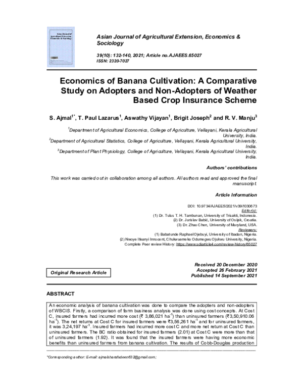 (PDF) Economics of Banana Cultivation: A Comparative Study on Adopters ...