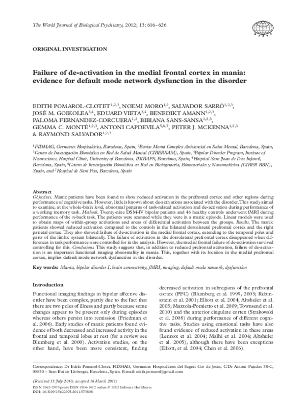 (PDF) Failure of de-activation in the medial frontal cortex in mania ...