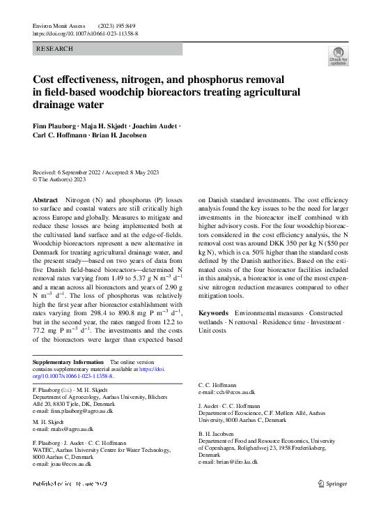 Pdf Cost Effectiveness Nitrogen And Phosphorus Removal In Field Based Woodchip Bioreactors