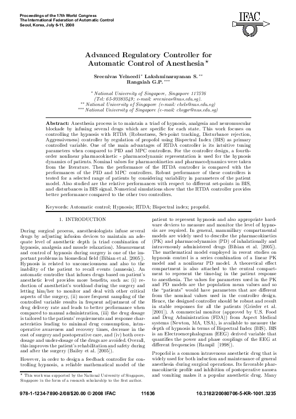 (PDF) Advanced Regulatory Controller for Automatic Control of Anesthesia