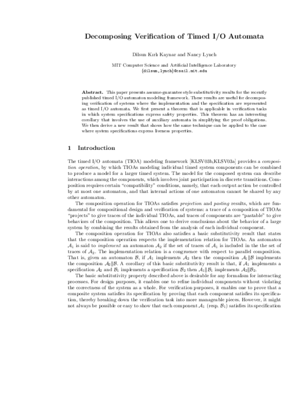 (PDF) Decomposing Verification of Timed I/O Automata
