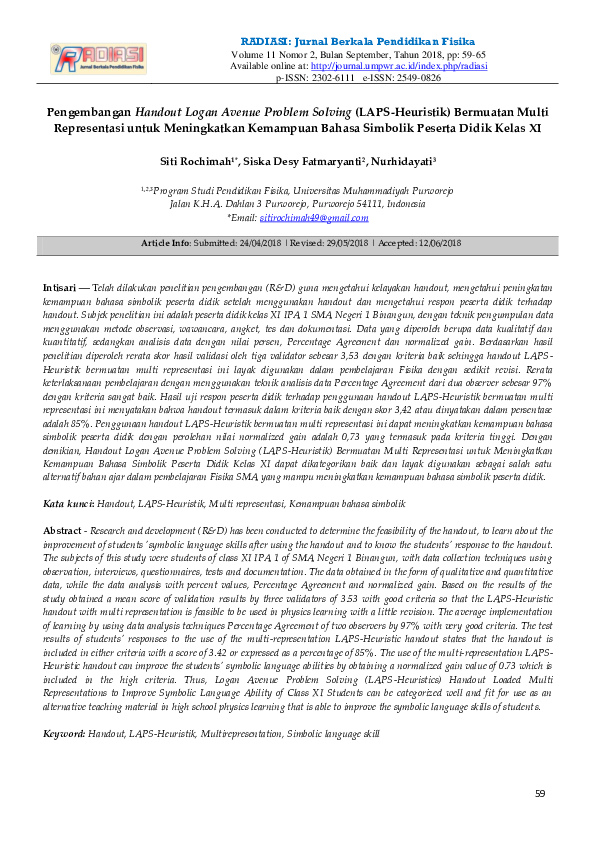 (PDF) Pengembangan Handout Logan Avenue Problem Solving (LAPS-Heuristik) Bermuatan Multi ...