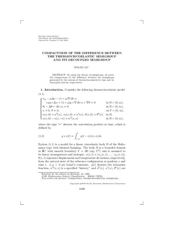(PDF) Compactness of the Difference between the Thermoviscoelastic Semigroup and Its Decoupled ...