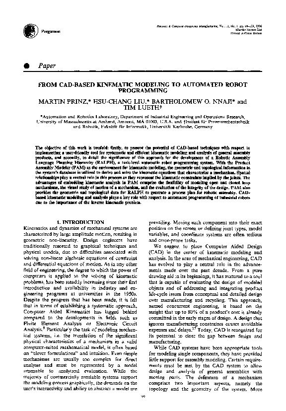Pdf From Cad Based Kinematic Modeling To Automated Robot Programming