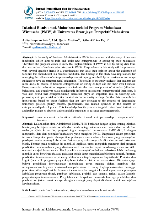 (PDF) Inkubasi Bisnis untuk Mahasiswa melalui Program Mahasiswa Wirausaha (PMW) di Universitas ...