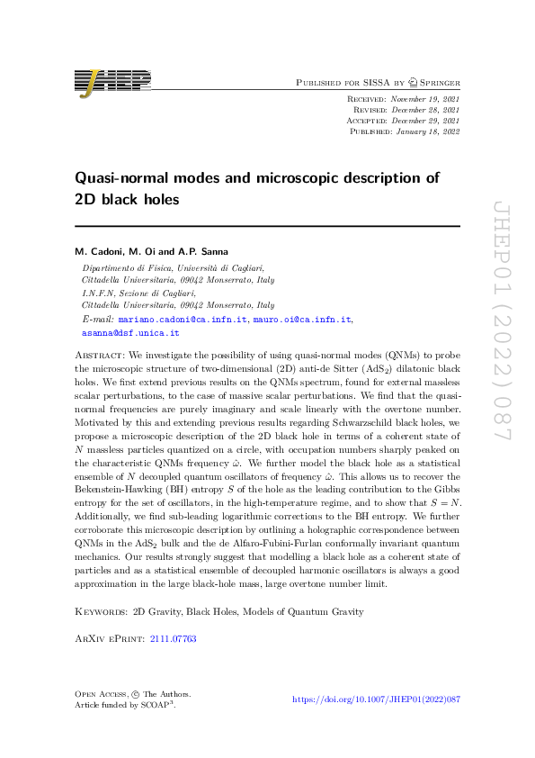 (PDF) Quasi-normal modes and microscopic description of 2D black holes