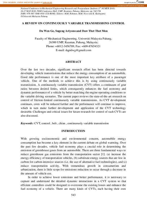 (PDF) A Review On Continuously Variable Transmissions Control