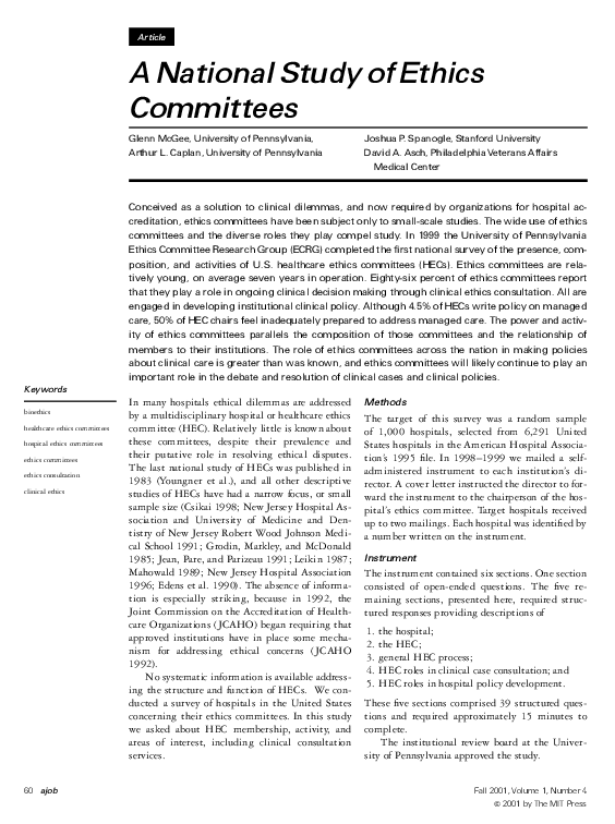 (PDF) A National Study of Ethics Committees