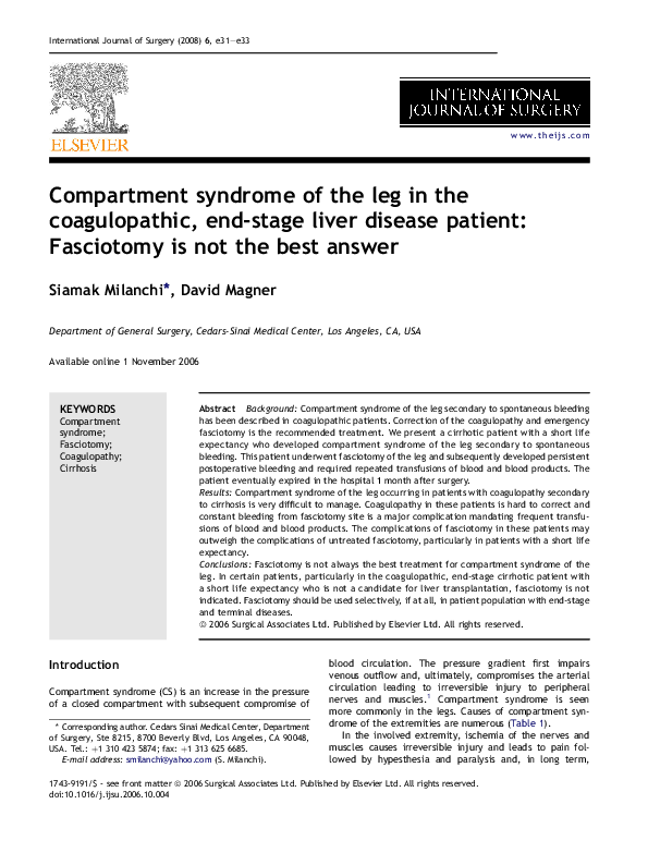 (PDF) Compartment syndrome of the leg in the coagulopathic, end-stage ...