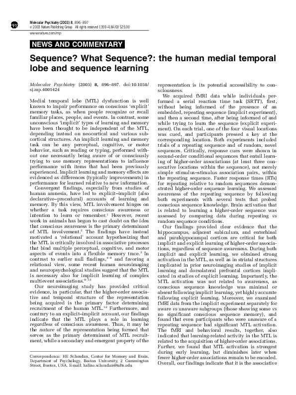 (PDF) Sequence? What Sequence?: the human medial temporal lobe and sequence learning