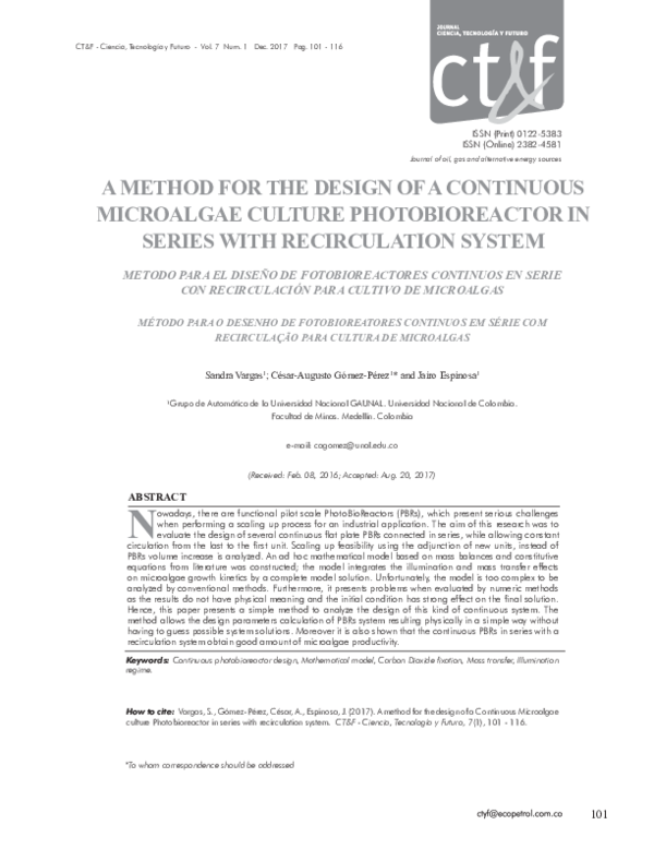 (PDF) A method for the design of a continuous microalgae culture photobioreactor in series with ...