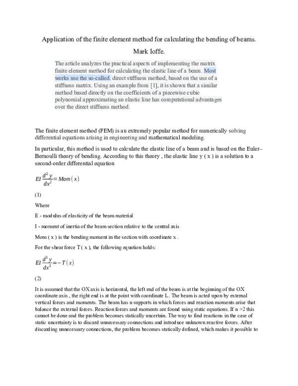 (DOC) Application of the finite element method for calculating the bending of beams