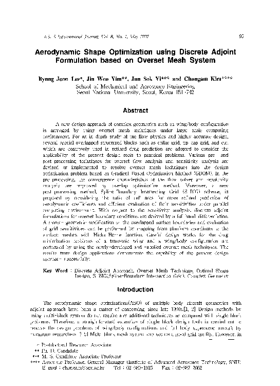 (PDF) Aerodynamic Shape Optimization using Discrete Adjoint Formulation based on Overset Mesh System