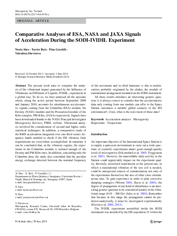 (PDF) Comparative Analyses of ESA, NASA and JAXA Signals of Acceleration During the SODI-IVIDIL ...