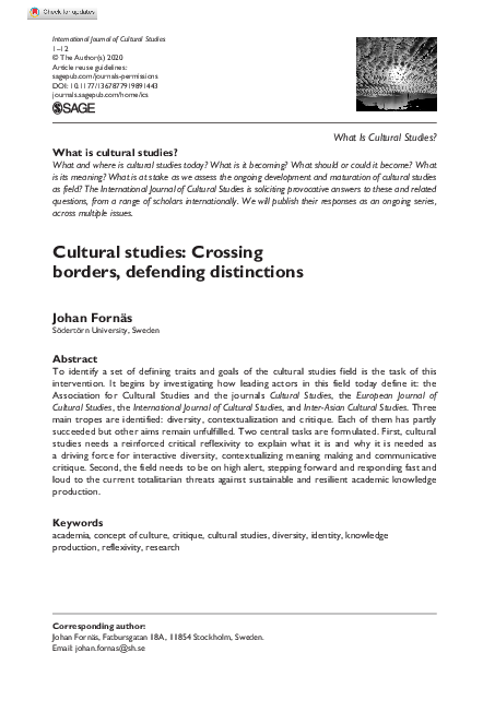(PDF) Cultural studies: Crossing borders, defending distinctions