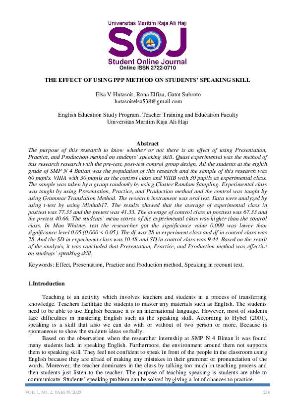 (PDF) The Effect of Using PPP Method on Students’ Speaking Skill
