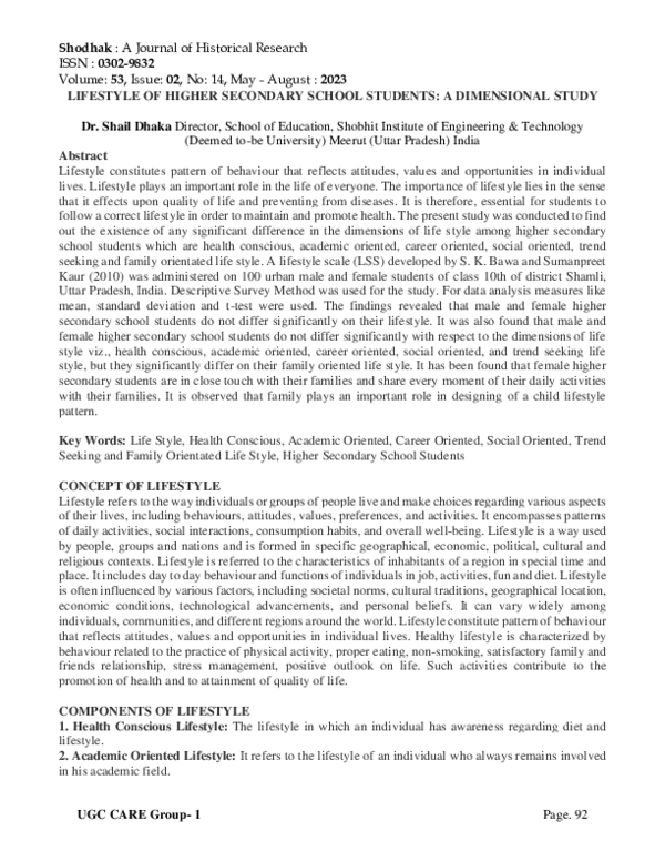 (PDF) LIFESTYLE OF HIGHER SECONDARY SCHOOL STUDENTS: A DIMENSIONAL STUDY