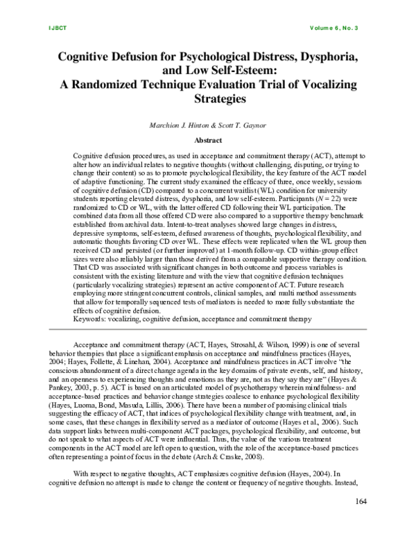 (PDF) Cognitive defusion for psychological distress, dysphoria, and low ...
