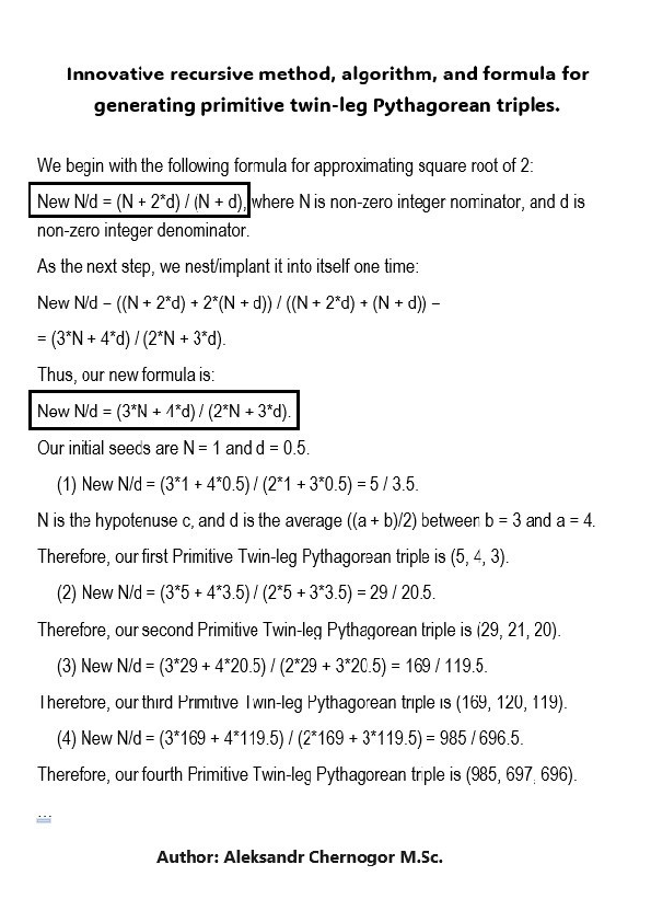 (PDF) Recursive method, algorithm, and formula for generating Primitive Twin-leg Pythagorean ...