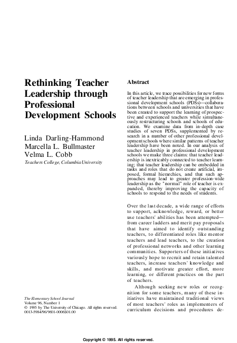 (PDF) Rethinking Teacher Leadership Through Professional Development Schools