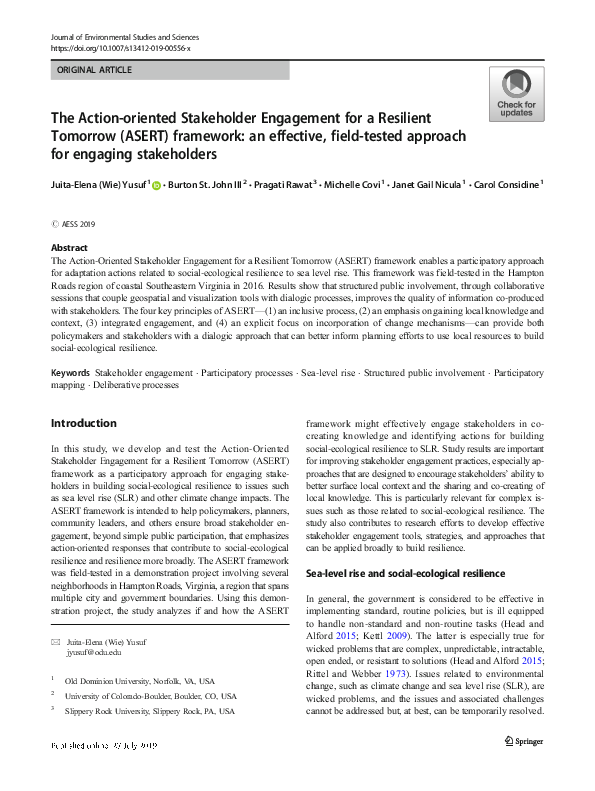 (PDF) The Action-oriented Stakeholder Engagement for a Resilient Tomorrow (ASERT) framework: an ...