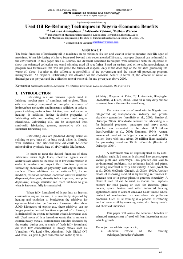 (PDF) Used Oil Re-Refining Techniques in Nigeria-Economic Benefits ...