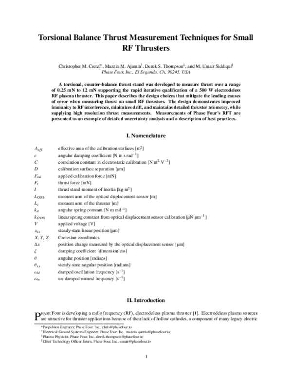 (PDF) Torsional Balance Thrust Measurement Techniques for Small RF ...