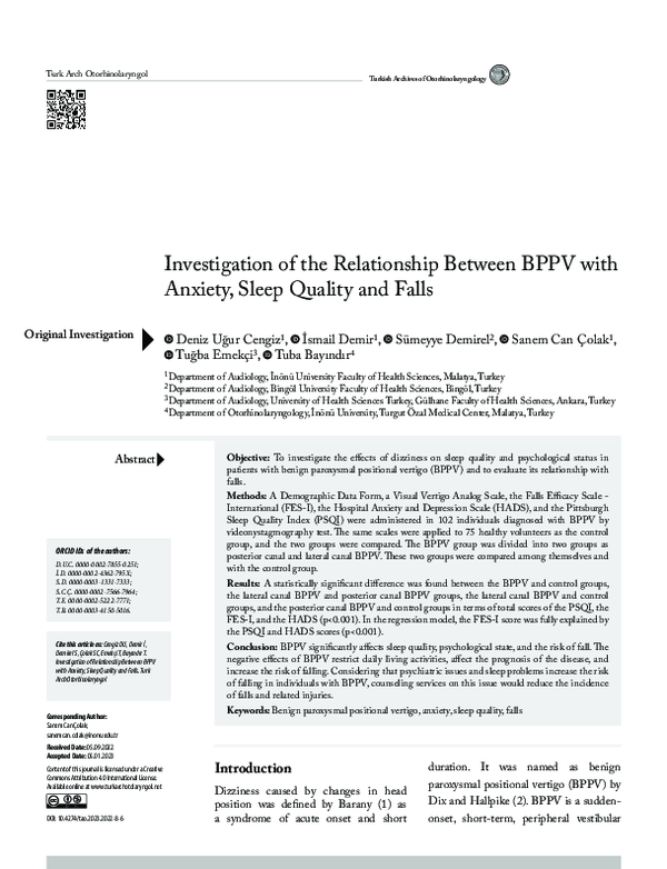 (PDF) Investigation of the Relationship Between BPPV with Anxiety, Sleep Quality and Falls