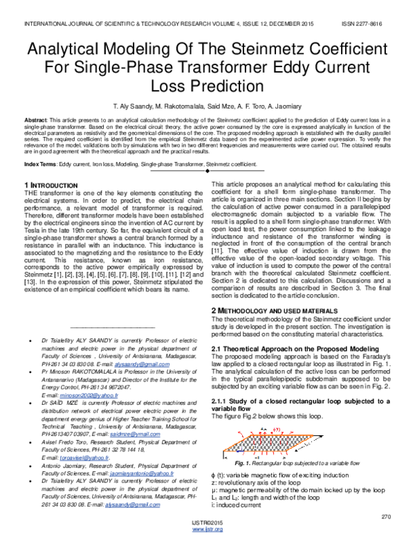 (PDF) Analytical Modeling Of The Steinmetz Coefficient For Single-Phase Transformer Eddy Current ...
