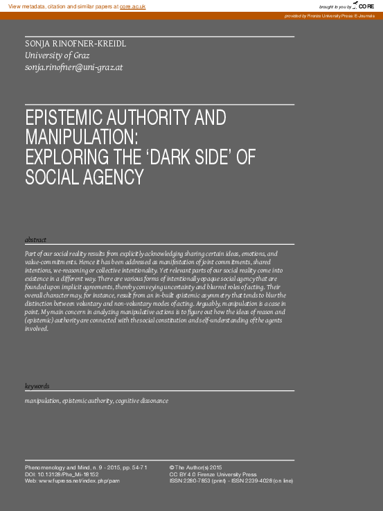 (PDF) Epistemic Authority and Manipulation: Exploring the ‘Dark Side’ of Social Agency | Sonja ...