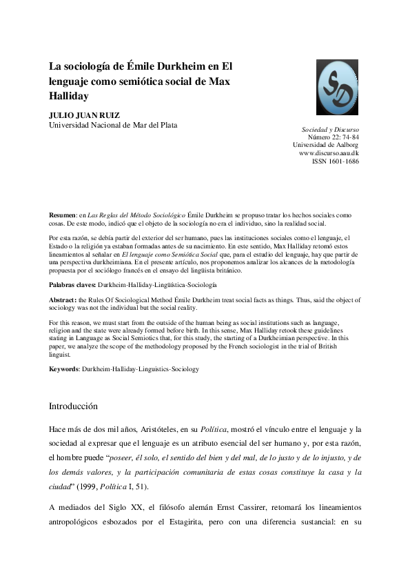 (PDF) La sociología de Émile Durkheim en El lenguaje como semiótica ...