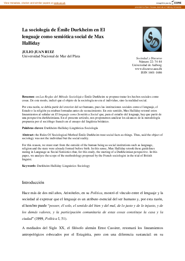 (PDF) La sociología de Émile Durkheim en El lenguaje como semiótica ...