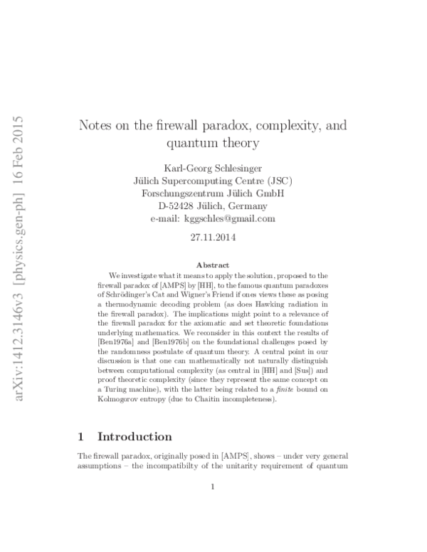 (PDF) Notes on the firewall paradox, complexity, and quantum theory