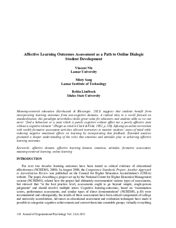 (PDF) Affective Learning Outcomes Assessment as a Path to Online Dialogic Student Development