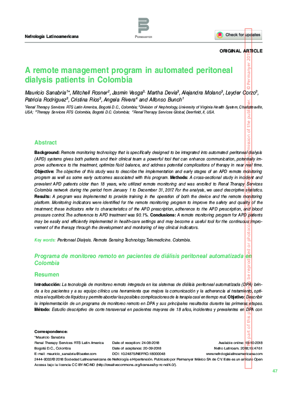 (PDF) A remote management program in automated peritoneal dialysis patients in Colombia