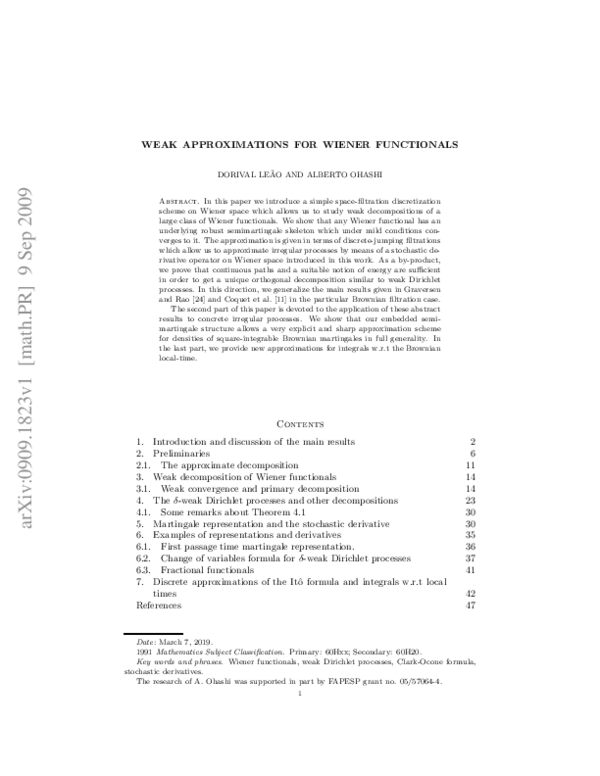 (PDF) Weak Approximations for Wiener Functionals